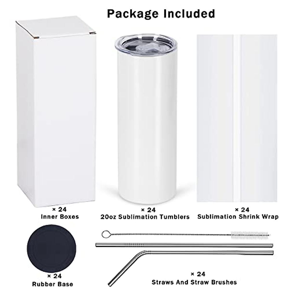 Micellwuu 24 Pack Sublimation Tumblers Bulk 20 oz Skinny Straight，Stainless Steel Sublimation Blanks Cups White, Individually Boxed