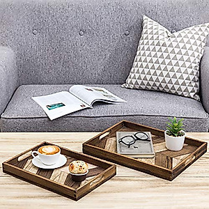 MyGift Large Wooden Nesting Breakfast Trays with Chevron Arrow Design - Burnt Brown Wood Snack Serving Tray with Cutout Handles, 2 Piece Set