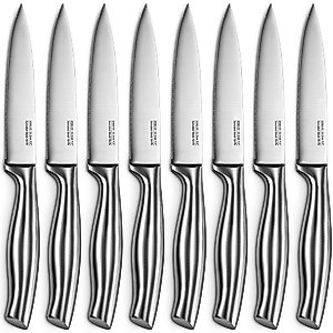 ZAWS Steak Knives, Knives Set of 8, Stainless Steel Knife Gift Box Set,Super Sharp Kitchen Serrated Knife, Ergonomic Tapered Handle, 9.1 IN, Silver