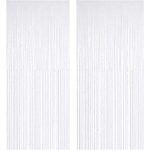 White Foil Fringe Curtain, 2PCS 3.28FT x 8.2FT Metallic Tinsel Door Curtains Photo Booth Backdrop for Wedding Birthday Bridal Shower Baby Shower Bachelorette Christmas Party Decorations