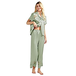 AW BRIDAL 2Pcs Sexy Womens Pajama Sets - Short Sleeve Silk Pajamas Long Pj Pants With Lace, Button Up Pajamas For Women, Sage Green, S| Clever Bridal Shower Gifts Bachelorette Gifts For Bride Pajamas