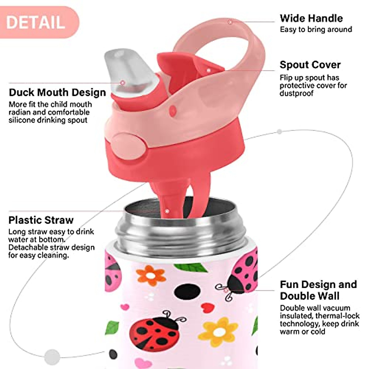 ALAZA Cute Ladybug Flower on Pink Background Kids Water Bottles with Lids Straw Insulated Stainless Steel Water Bottles Double Walled Leakproof Tumbler Travel Cup for Girls Boys Toddlers 12 oz,Pink
