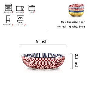 Selamica Ceramic 30 Ounce Large Pasta Bowls 8 inch Serving Bowls Wide and Shallow Microwave Dishwasher Safe Bowls Set of 4, Assorted Corlors
