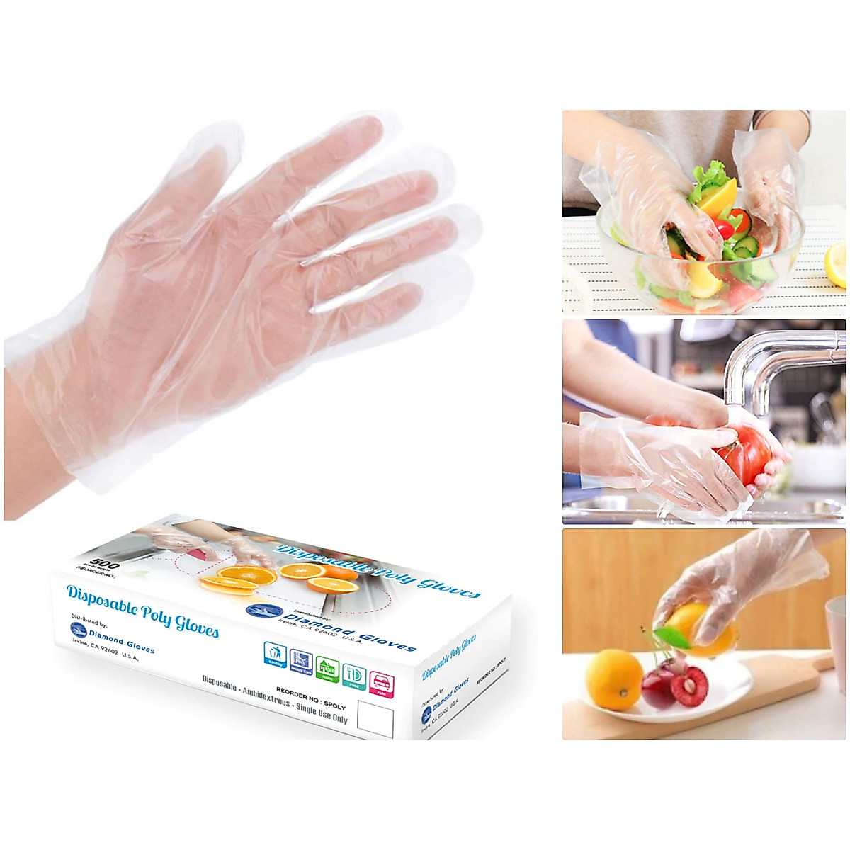 Gloves+com Disposable Food Service Poly Gloves, Large, 500 Count - High Density, Odorless, Extra Finger Tip Protection, Good Grip, Food Grade Material