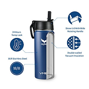 Vmini Water Bottle with Straw, Kids Water Bottle with Wide Rotating Handle Straw Lid, Wide Mouth Vacuum Insulated Stainless Steel Water Bottle, Blue, 18 oz