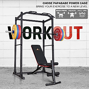 papababe Power Cage, Squat Rack 1200lb Capacity with 2 Extra J-Hooks for Strength Training