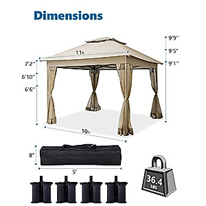 Quictent 11’x11’ Pop up Gazebo Canopy Tent with Mosquito Netting, One Person Setup Vented Outdoor Instant Screened House Tent Shelter with 4 Sand Bags, Khaki
