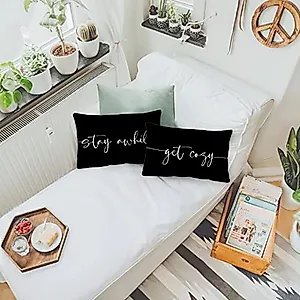 Sidhua Family Sentiment Themed Pillowcases Decorations for Home, Get Cozy Stay Awhile Black Throw Pillow Covers 12’’x20’’Set of 2, Housewarming Gifts, Couples Gifts, Bed Gifts