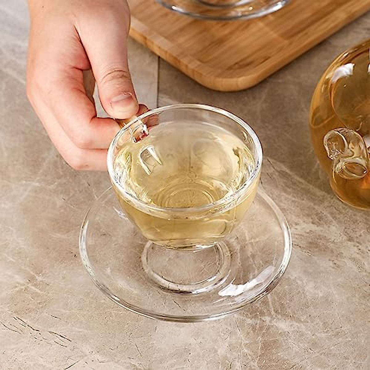 Glass Teapot Set, 40OZ/1200ml Stovetop Safe Glass Tea Kettle with Removable Infuser & Tea Warmer, Tea Cups and Saucers Set of 4, Blooming Tea & Loose Leaf Tea Maker Set for Women