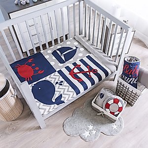 DreamPartyWorld Nautical Bedding Crib Nursery Set Boy Blue Whales Mariner for Baby Shower Material: 100percent Cotton 4 Pieces
