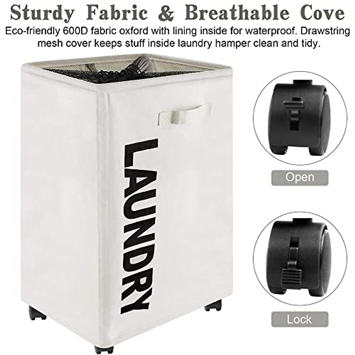 ARyee 22" Pro Rolling Laundry Basket, Large Laundry Hamper with Wheels, Foldable Dirty Clothes Hamper Mesh Cover Laundry Storage Cart with Handle, for Bedroom Bathroom Dorm Room (white)