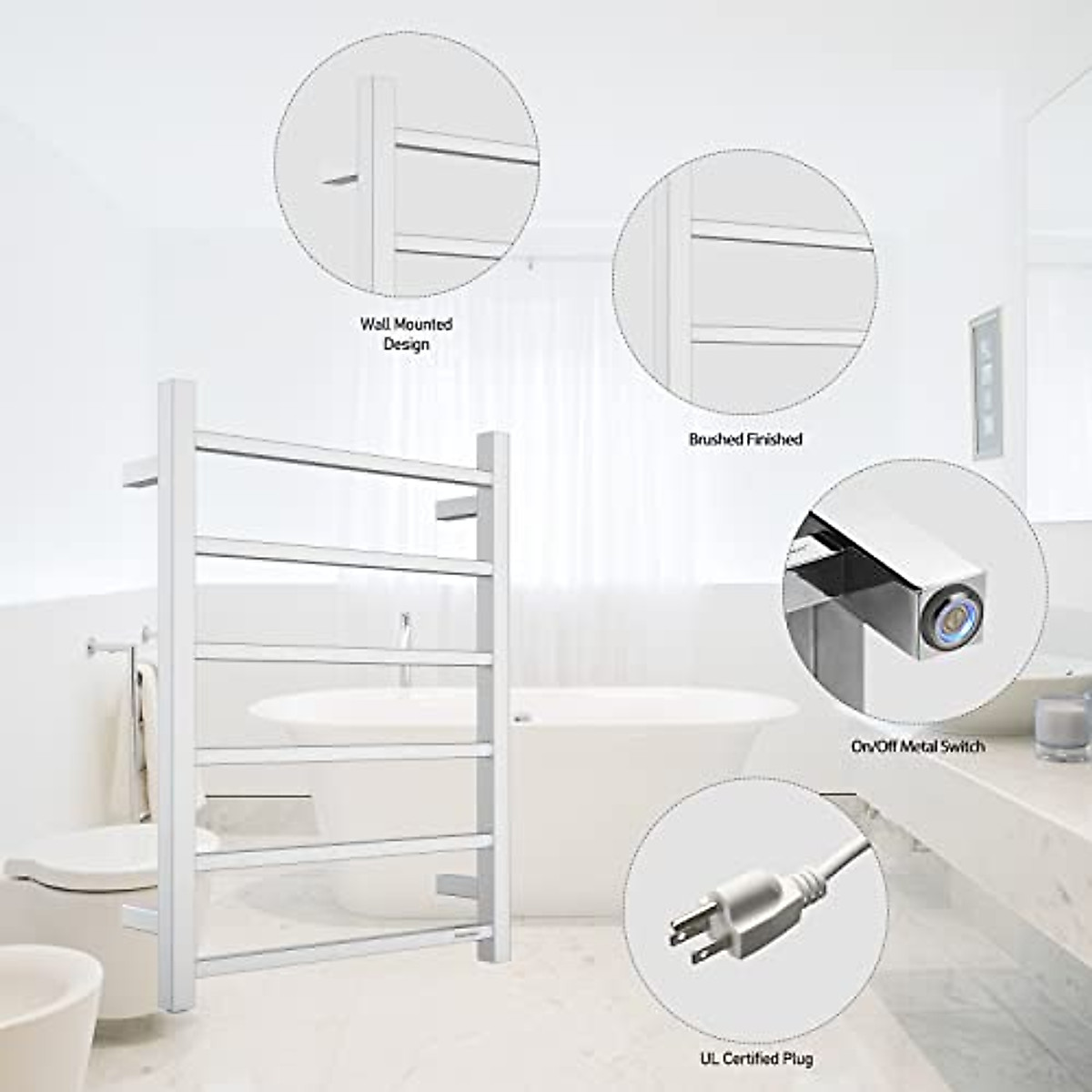 SHARNDY Towel Warmer Brushed Nickel for Bathroom Wall Mounted Bath Towel Heater Plug-in Square 6 Bars Drying Rack Stainless Steel Electric Heated Towel Rack ETW13 68W 26.77x20.47x4.13 inches