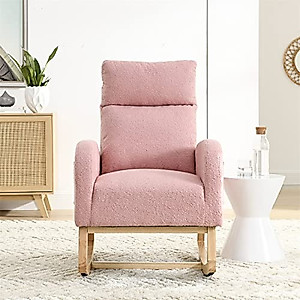 Fabric Rocking Chair Nursery Chair,Modern Upholstered High Back Glider Rocking Armchair,Comfy Rocker with Padded Seat and Wood Base,Two Side Pocket Accent Chair for Living Room Bedroom Office,Pink