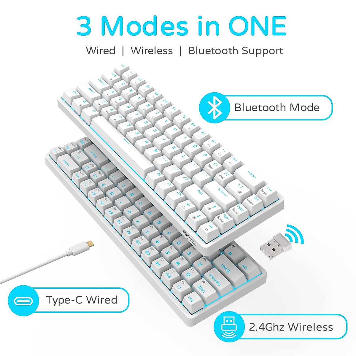 RK ROYAL KLUDGE RK G68 2.4Ghz Wireless/Bluetooth/Wired 65% Mechanical Keyboard, 68 Keys Hot Swappable Brown Switch Gaming Keyboard for Win/Mac