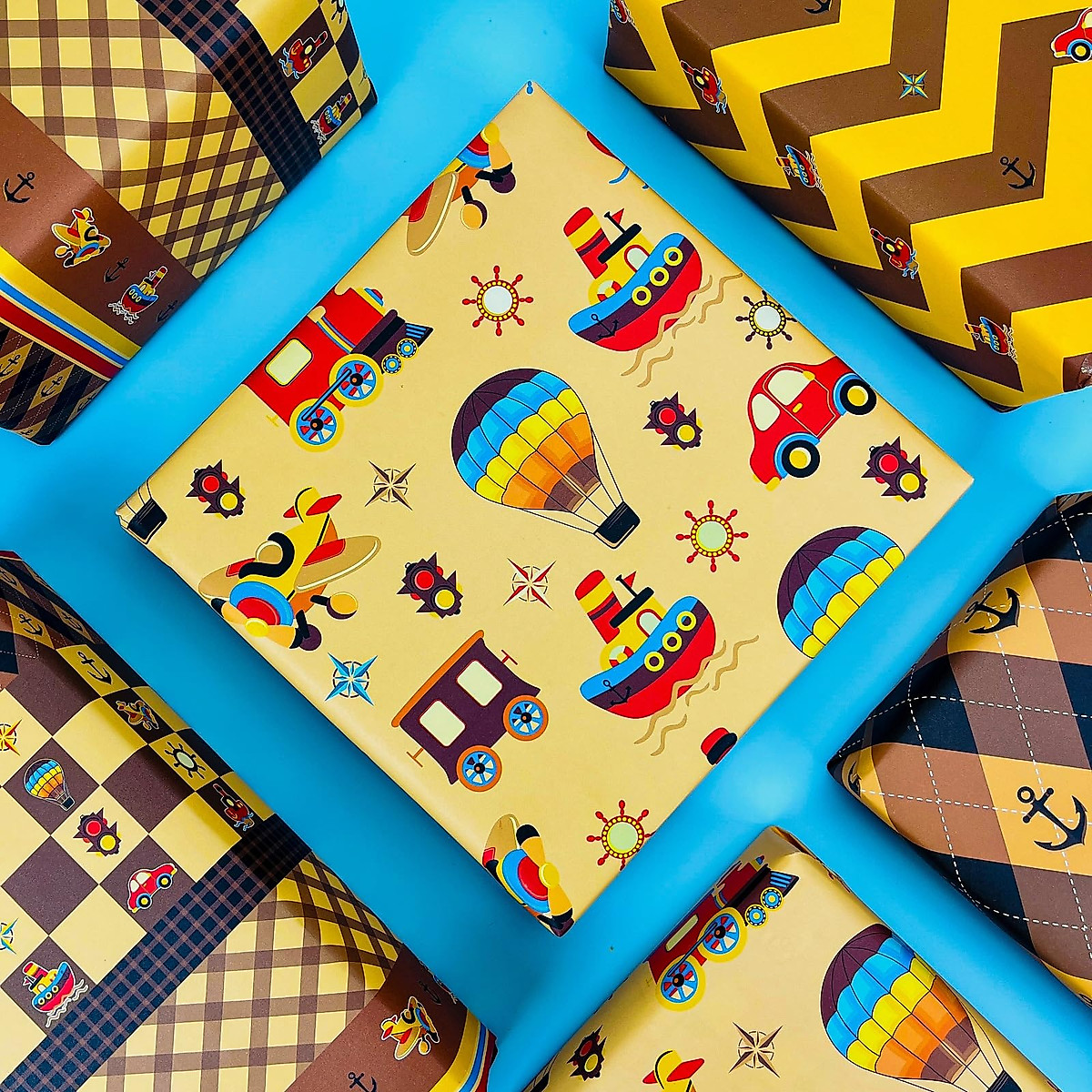 Dtiafu Car Wrapping Paper for Boys Kids Men - 10 Sheets Folded Flat Kraft Wrapping Paper - Nautical Boat/Anchor/Truck/Car/Train Gift Wrap for Birthday Baby Shower - 20 x 28inch Per Sheet