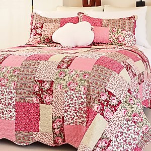 Cmfshape Summer Floral Queen Quilted Bedspread,Romantic Pink Quilt Set Full,Reversible Stitched Bedding Set All Season,Soft Lightweight Coverlet with Pillow Cases (Hot pink&Rose, Queen90 x90)