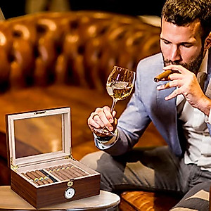 Bald Eagle Cedar Cigar Humidors with Hygrometer, Handcrafted Cigar Box with Humidifier, Glass Top Humidor Box with Cigar Accessories, Luxury Cigar Case Sapele Walnut Finish 35-60 Cigars