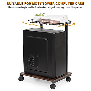 DAMEING Computer Tower Stand, 2-Tier CPU Holder PC Floor Stand, Mobile PC Tower Stand with Lockable Wheels and Wire Storage Basket, Fits Most Gaming PC Printer Under Desk for Office Home