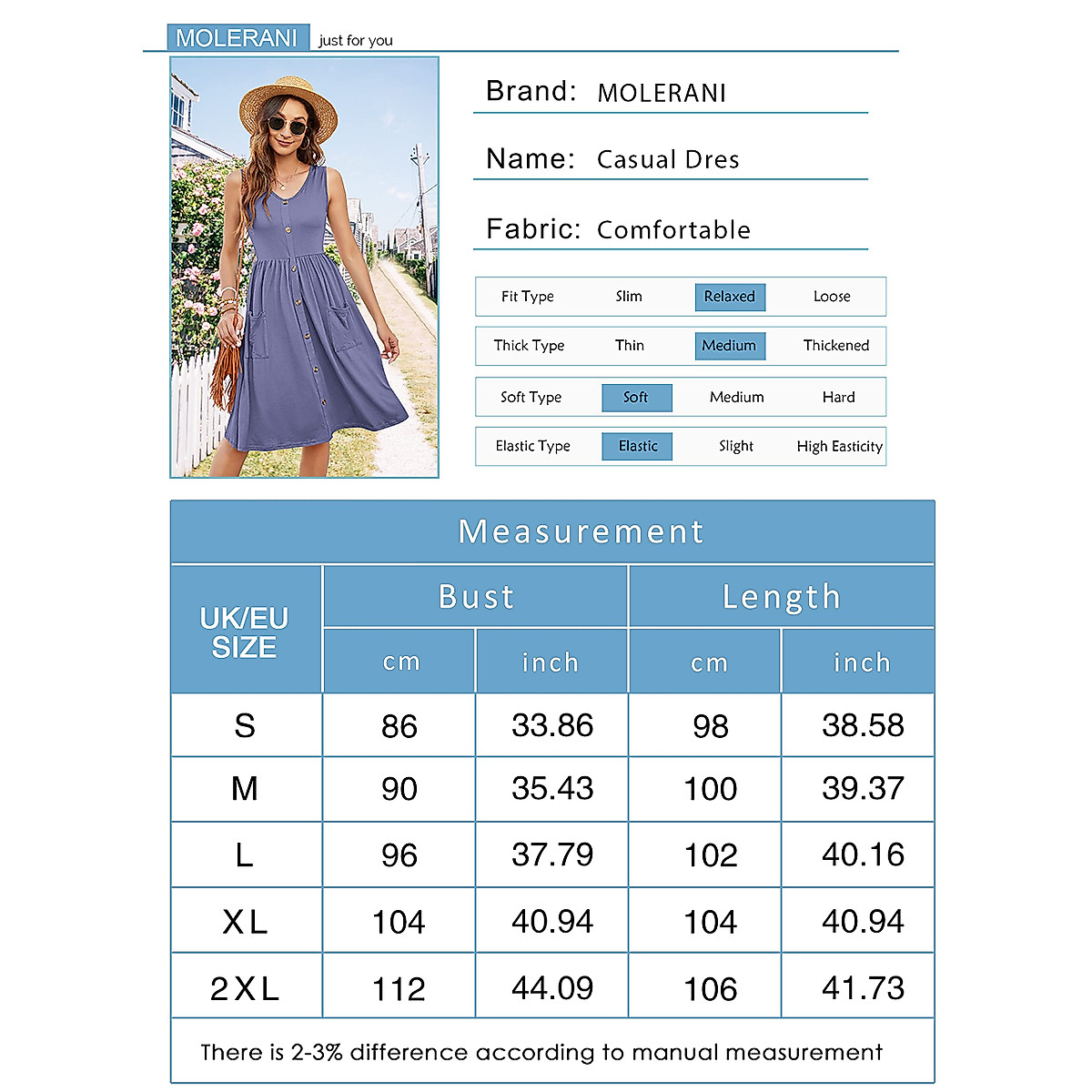 MOLERANI Women Summer Dresses Sleeveless Casual Loose Swing Button Down Midi Dress with Pockets(White,S)