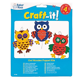 Baker Ross AX159 Owl Wooden Puppet Kits for Kids - Pack of 4, Childrens Woodcraft Painting Sets for Kids Arts and Crafts Projects