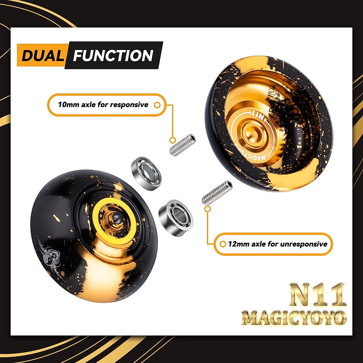MAGICYOYO Dual Purpose Yoyo N11 - Responsive Yoyo for Kids 8-12 or Above & Unresponsive Yoyo for Advanced with Yoyo Glove + Bag + Unresponsive Bearing Kit + 12 Yoyo Strings -Black Golden