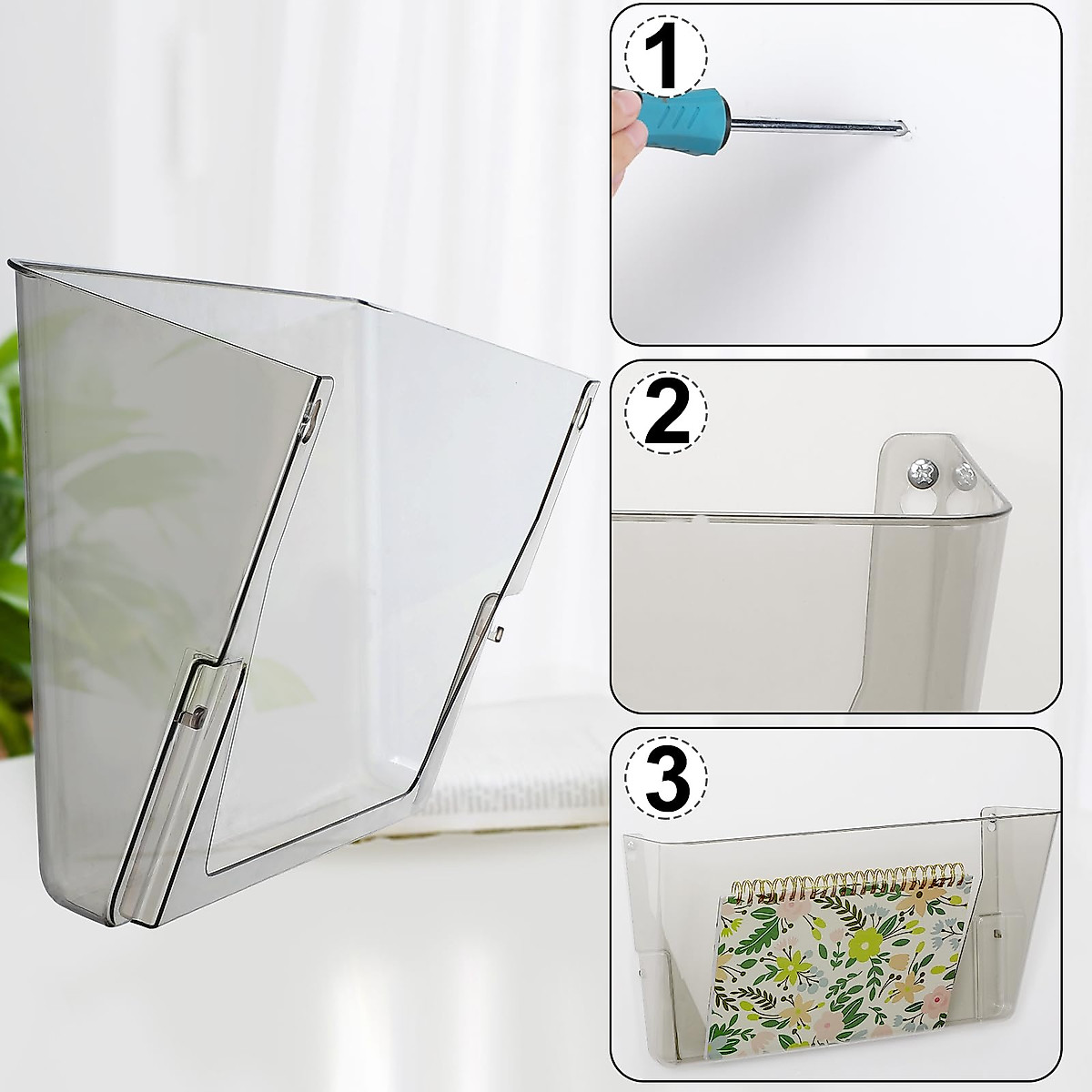 Colarr 8 Pcs Plastic Single Pocket Wall Mount File Holder Hanging File Organizer with Screws Wall File Hanging Folder Letter Paper Mail Organizer for Office Home Classroom(Gray)