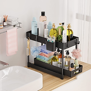 Under Sink Organizers and Storage, 2 Pack Multi-purpose Under Sink Organizer with Sliding Storage Drawer with 8 Hooks and 2 Hanging Cups, 2 Tier Under Sink Storage for Cabinet Bathroom Kitchen, Black
