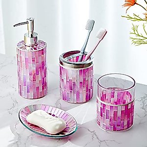 HILHORA Hand Made Bathroom Accessories Set 4Pcs Mosaic Glass Decorative Bathroom Set Includes Soap Lotion Dispenser, Tumbler, Toothbrush Holder, Soap Dish (Pink)