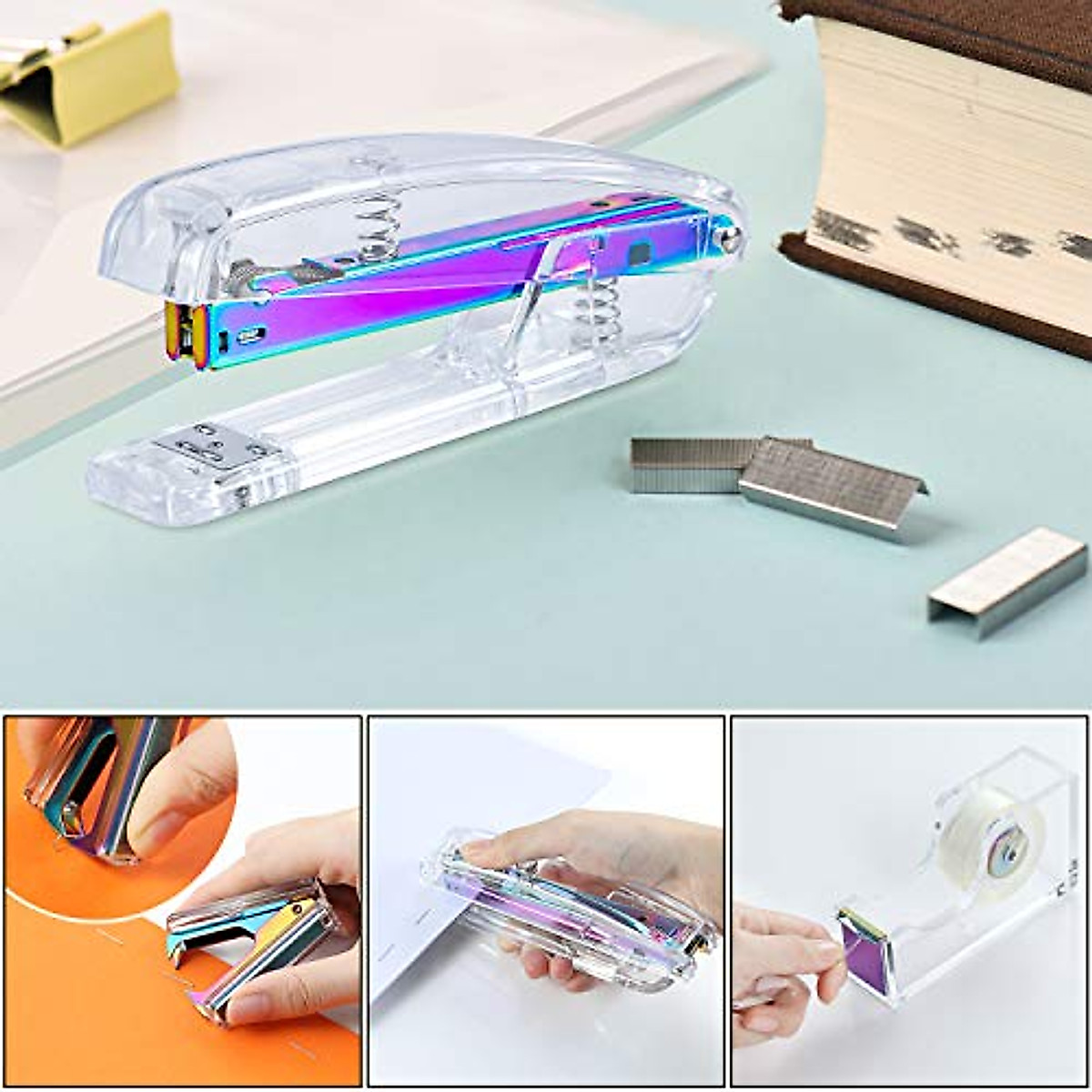 SEAKOS Dream Color Acrylic Stapler Set,Desk Stapler,Office and Home Stapler,Students Stapler,Tape Dispenser,Stapler Remover,Free 1000pcs 26/6 Staples——Multicolor