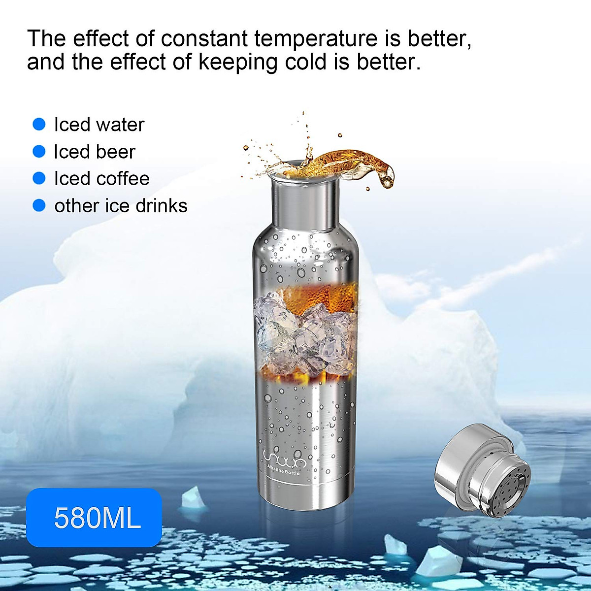 20oz Stainless Steel Water Bottle,Sports Water Bottle,Water Filter Bottle Make Alkaline Ionized Water,Excellent Taste, Double Wall Vacuum Insulated Cold,for outdoor sport,travel(sliver)