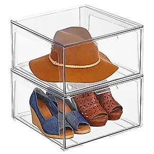 mDesign Plastic Stackable Closet Storage Organizer Bin Containers with Front Pull Drawer for Cabinet, Desk, Shelf, Cupboard, or Dresser Organization - Lumiere Collection - 2 Pack - Clear