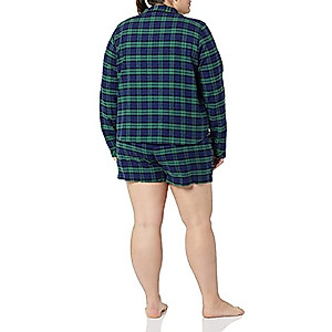 Amazon Essentials Women's Lightweight Woven Flannel Pajama Set with Shorts, Dark Green Navy Blackwatch Plaid, Small
