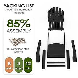 OTSUN Adirondack Chair, Large Lawn Chair Weather Resistance, 4 Steps Easy Assembly, Patio Chair for Fire Pit, Yard, Porch, Garden, Deck, Swimming Pool, Dark Black