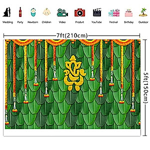 Ticuenicoa 7×5ft India Pooja Traditional Photography Backdrop Diwali Backdrops Banana Leaf Green Chatiya Ganesh Background Marigold Puja Ganpati Wedding Photo Tapestry Booth Props