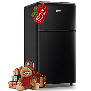 WANAI Mini Fridge Dual Door Refrigerator with Freezer, Compact Refrigerator with Adjustable Temperature & Removable Glass Shelves, Fridge for Apartment/Dorm/Office/Kitchen, Energy Saving, BLACK