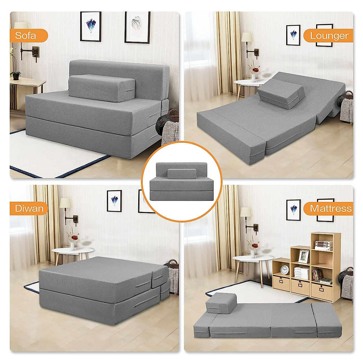 QIUBABYO Folding Sofa Bed Couch with Armrest-Convertible Sleeping Mattress Guest Bed Lounger,Memory Foam Foldable Mattress with Luxury Washable & Removable Cover, 75"x47"x8 (Light Grey)