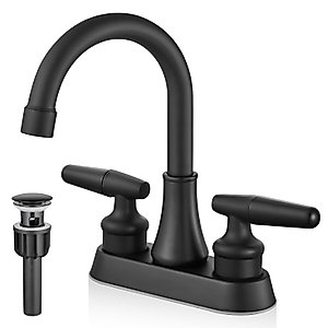 Cinwiny Bathroom Sink Faucet 4 Inch 2 Handle Lavatory Bathroom Vanity Faucets 360 Degree Swivel Spout Modern Deck Mount RV Bathroom Sink Faucet with Pop up Drain,Matte Black