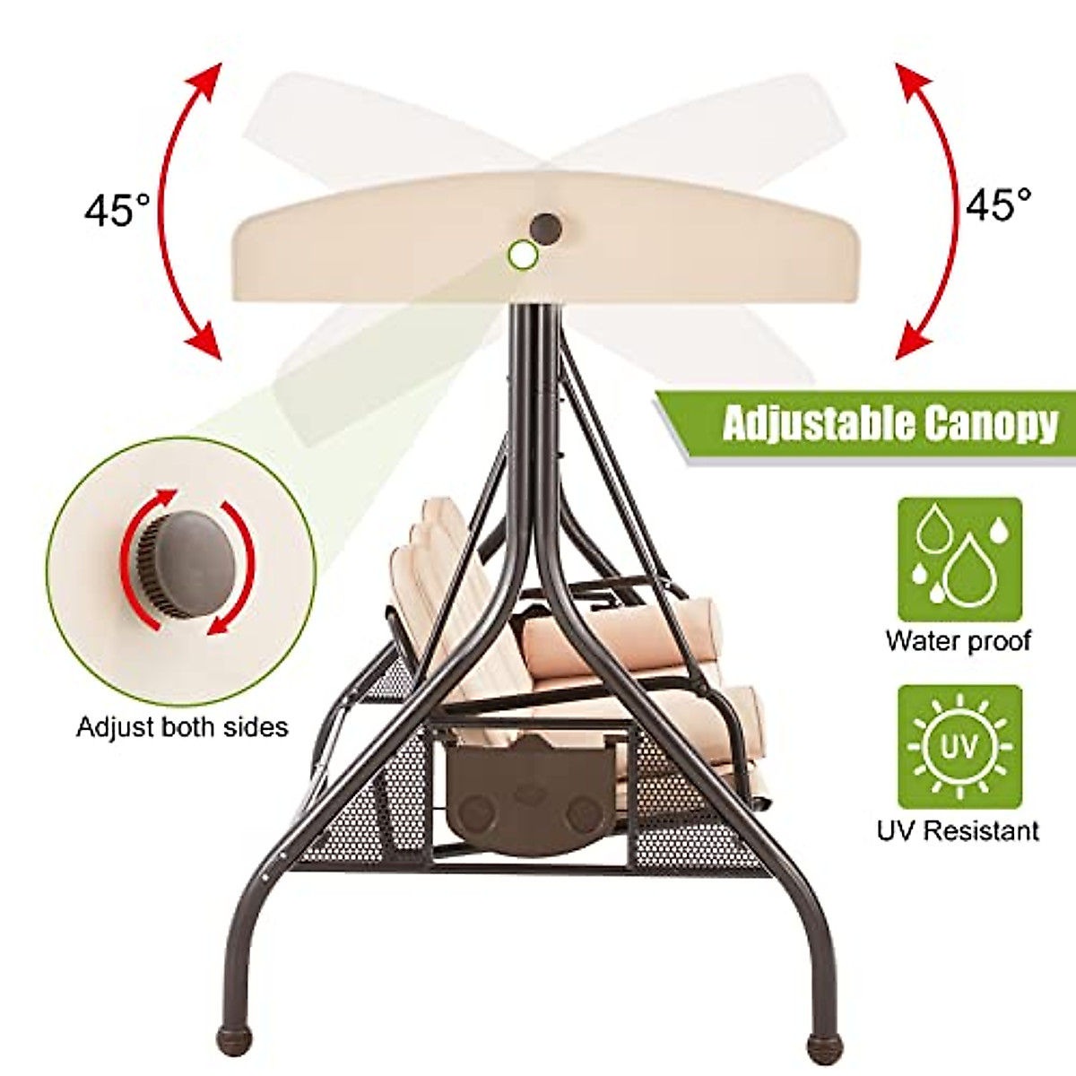 GYUTEI 3-Seat Outdoor Patio Swing Chair,Porch Swing Chair with Adjustable Backrest and Canopy,Outdoor Porch Swing Glider Chair,w/Cushions,Pillows and Cup Holders for Porch,Backyard(Khaki)