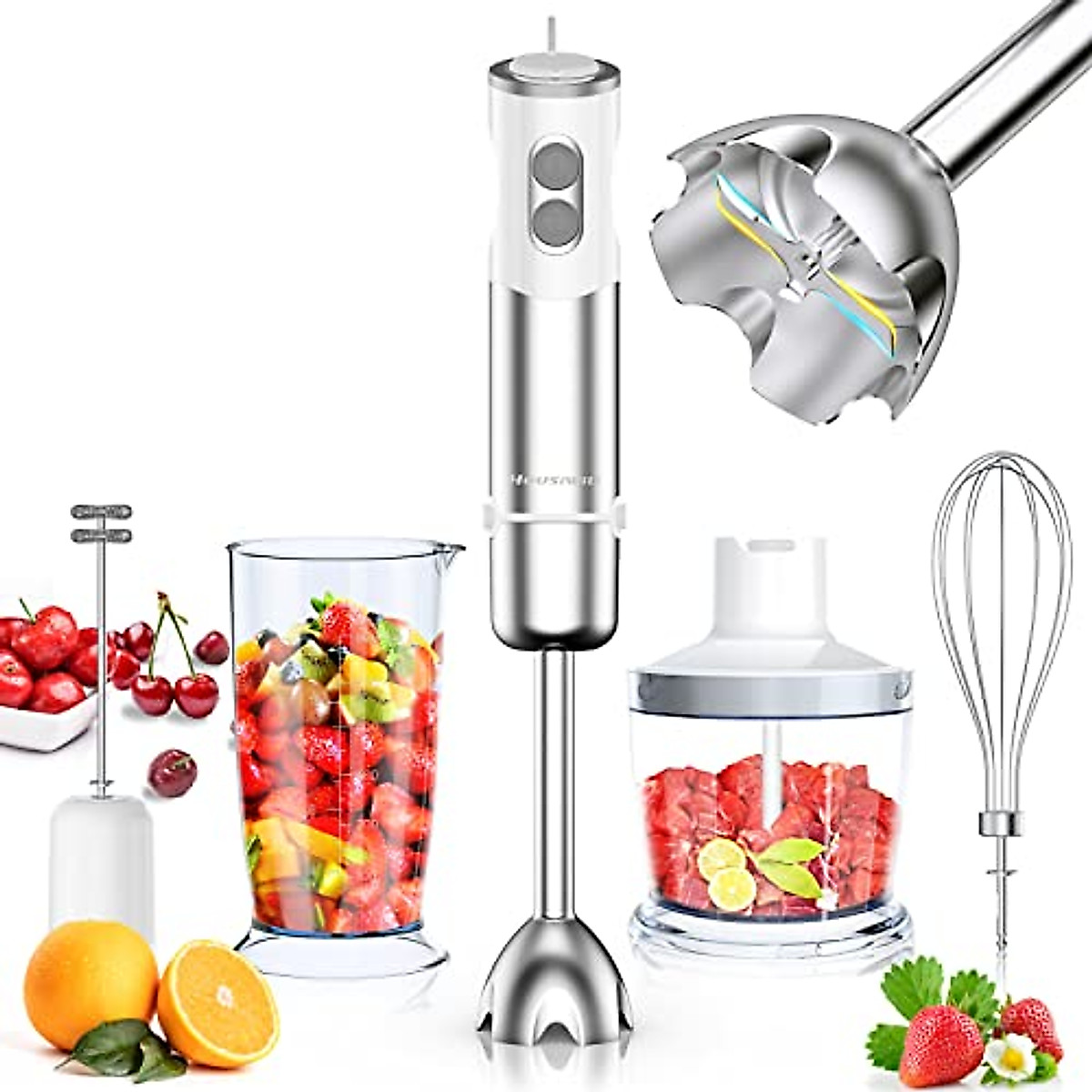 Immersion Blender, 5 in 1 Hand Blender, 12 Speed and Turbo Mode Immersion Blender handheld, Blender Electric Stainless Steel with Milk Frother, 600ml Beaker, 500ml Chopper, Egg Whisk