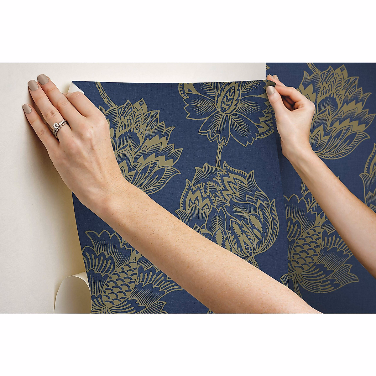 RoomMates RMK11909WP Navy and Gold Batik Jacobean Peel and Stick Wallpaper