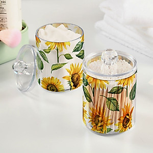 ALAZA 2 Pack Qtip Holder Dispenser for Cotton Ball Yellow Sunflower Cotton Swab Cotton Round Pads Clear Plastic Acrylic Jar Set Bathroom Canister