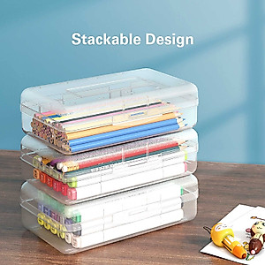 Denkee 4 Pack Clear Pencil Box, Plastic Large Capacity Pencil Boxes, Hard Pencil Case, School Supply Crayon Box Storage with Snap-Tight Lid, Stackable Office Supplies Storage Organizer Box