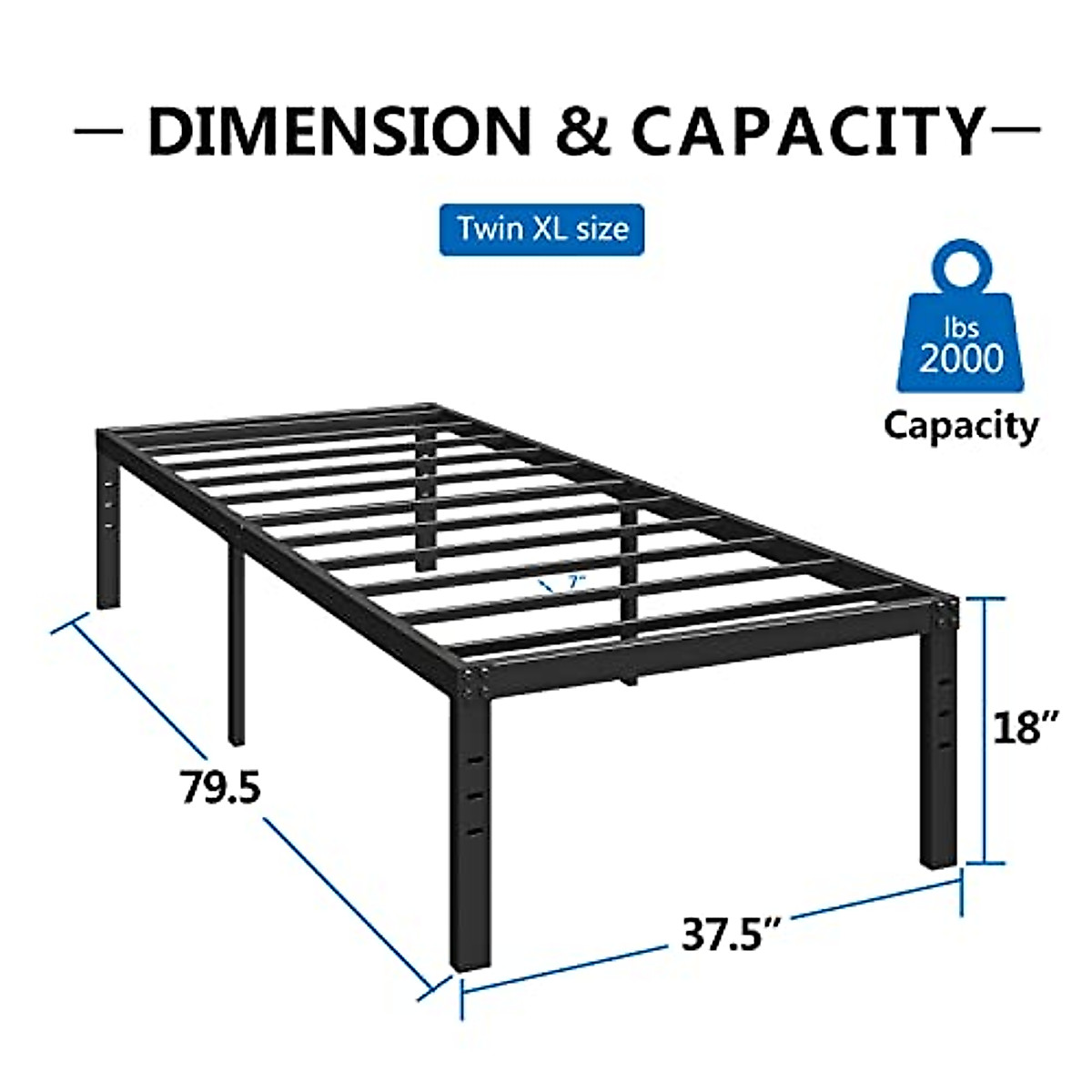 Artimorany Twin XL Bed Frames 18 Inch Tall, Heavy Duty Metal Platform, 2500lbs Steel Slats Support, No Box Spring Needed, Noise Free, Easy Assembly Black