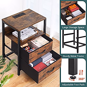 Yoobure Nightstand with Charging Station, Small Night Stand with Fabric Drawers and Storage Shelf for Bedrooms, Small Spaces, Bedside Table with USB Ports & Outlets