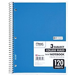 Mead Spiral Notebook, 3-Subject, College Ruled Paper, 8" x 11", 120 Sheets per Notebook, Assorted Colors, Color Will Vary, 1 Count (06710)