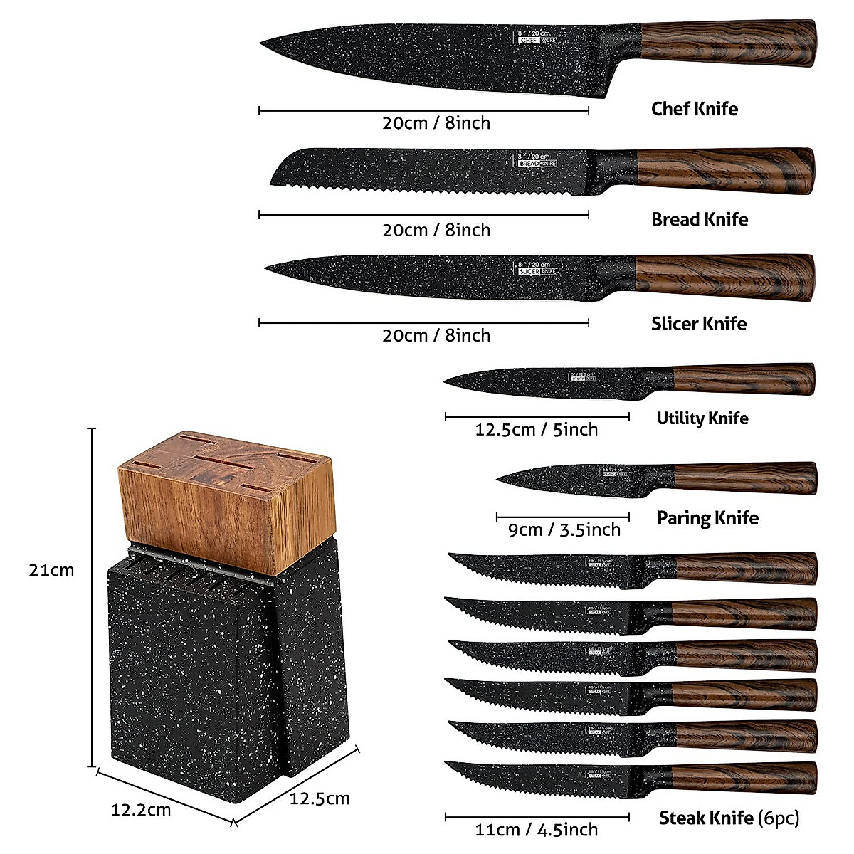 Knife Set,12-Piece Kitchen Knife Set, High Carbon Stainless Steel Knife Sets with Wooden Block, include 6 Steak Knives, Black
