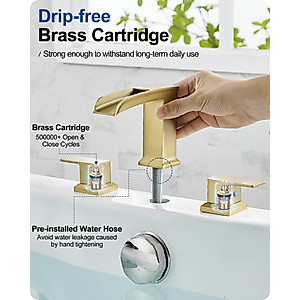 HOIGY Roman Bathtub Faucet Deck Mount 3 Hole, Brass Waterfall Faucet for Bathtub 6-16 Inch, Brushed Gold Tub Faucet Set 2 Handle, High Flow Widespread Bathtub Faucets with Water Hoses for Hotel