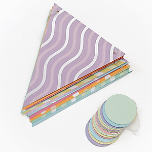 PapaKit Paper Pennant Bunting Banner and Circle Garland Decoration Set Kids Adult Party Supply ( Pastel Rainbow Colors - 2 Piece Set)