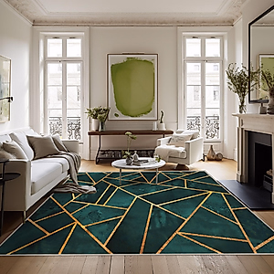 Tyrot Luxury Emerald Green Area Rug Modern Abstract Geometric Gold Lines Area Rugs Non Slip Washable Home Decor Rugs Floor Carpet for Living Room Bedroom, 5x7 feet