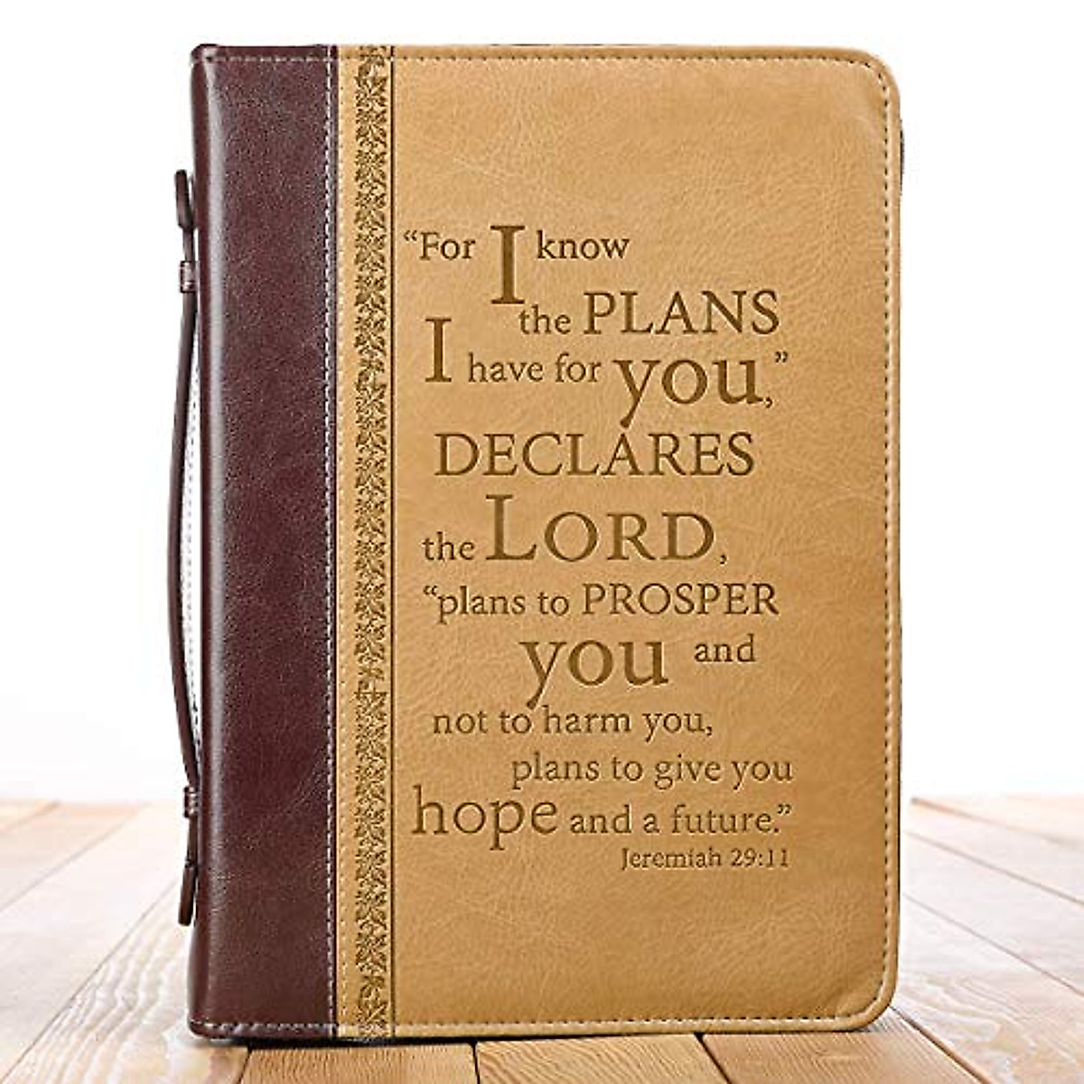 Christian Art Gifts Men's Classic Bible Cover I Know The Plans Jeremiah 29:11, Brown/Tan Faux Leather, Large